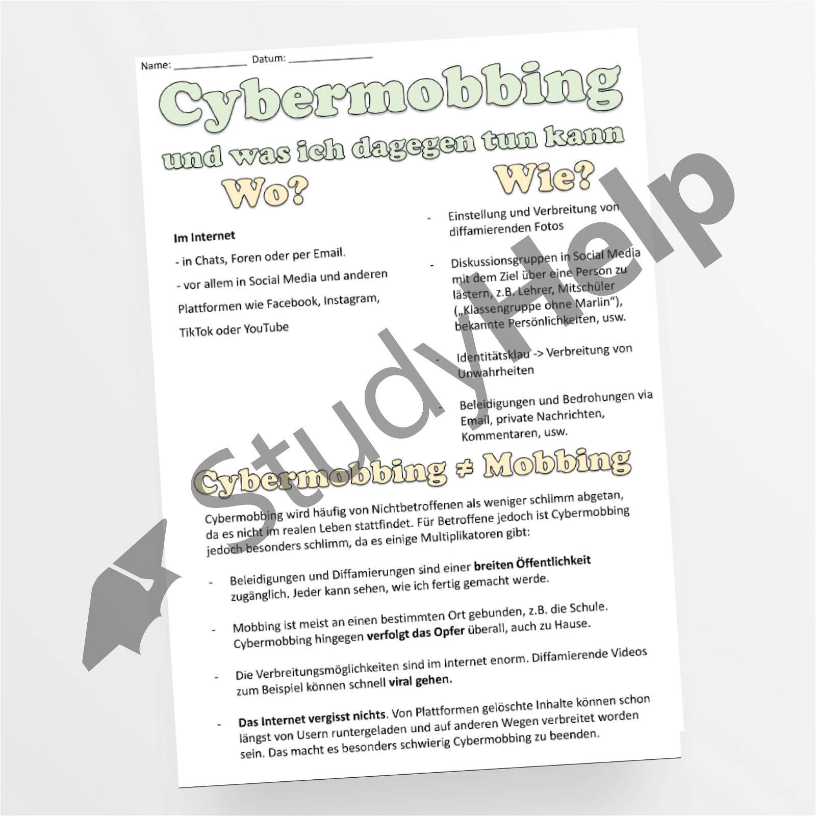 Cybermobbing und was man dagegen tun kann - Merkeintrag Ethik 9. Klass – StudyHelp Lehrmaterial